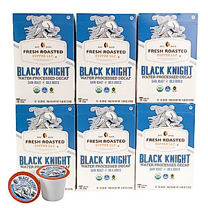 Fresh Roasted Coffee, Fair Trade Organic Black Knight Water-Processed Decaf, Dark Roast, Kosher | 72 Pods for K Cup Brewers