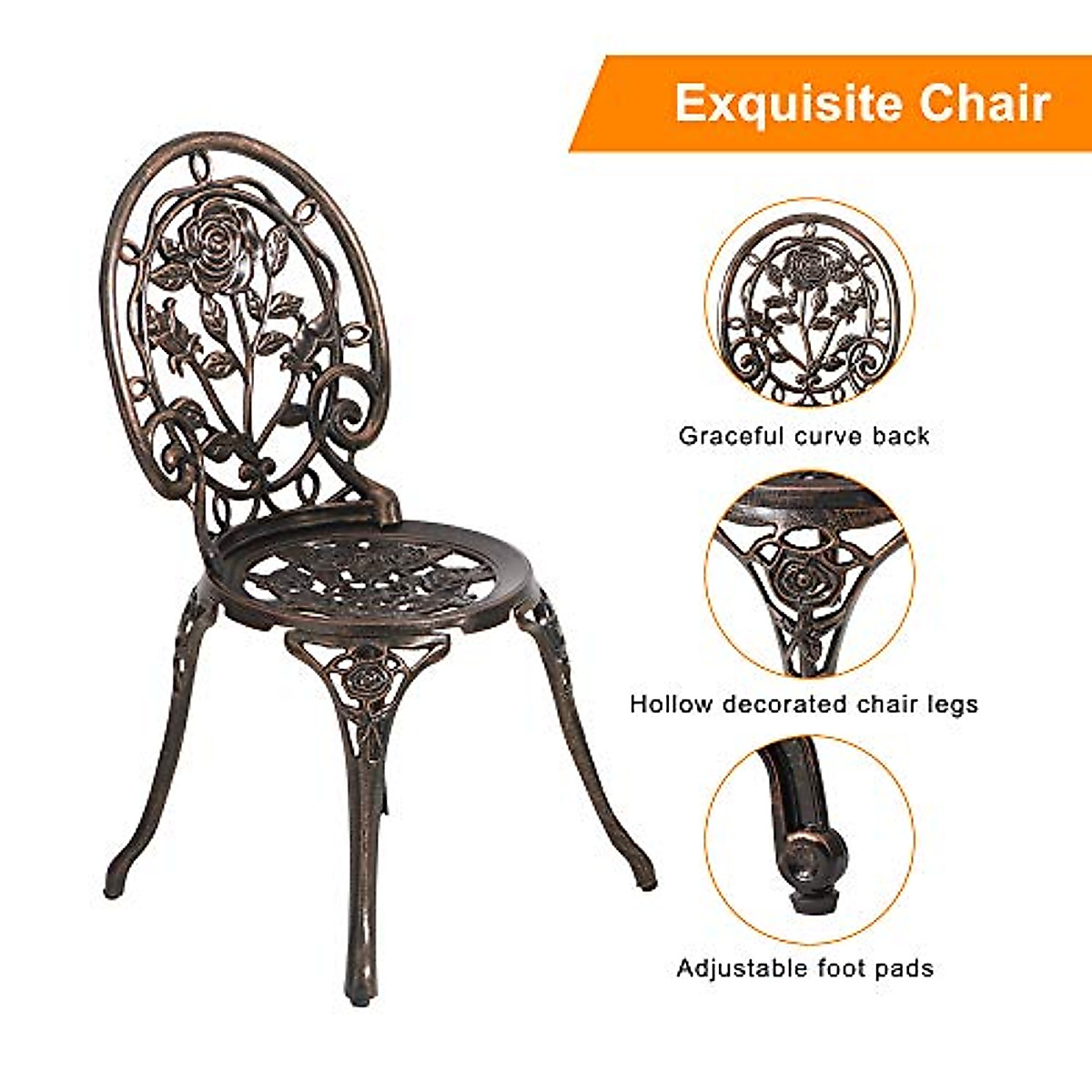 HOMEFUN Bistro Table Set, Antique Bronze Rose 3 Piece, Outdoor Patio Table and Chairs Furniture, Durable Rust Weather Resistance，Rose Bronze