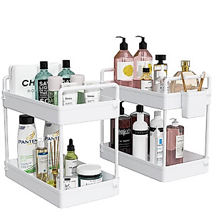 Ronlap 2 Pack Under Sink Organizers and Storage, 2 Tier Bathroom Organizer Under Sink with Handle Hanging Cup Hooks Dividers, Kitchen Organization and Storage Under Sink Cabinet Counter Shelf, White