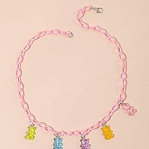 COLORFUL BLING Cute Small Bear Acrylic Chain Necklace Resin Candy Color Gummy Bear Simple Jewelry for Women-Pink
