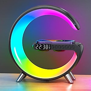 Wireless Charger Atmosphere Lamp, 2025 New Intelligent LED Table Lamp, Bluetooth Speaker, Dimmable Night Light Bedside Lamp Alarm Clock with Music Sync, App Control for Bedroom Home Decor Gift (Black)