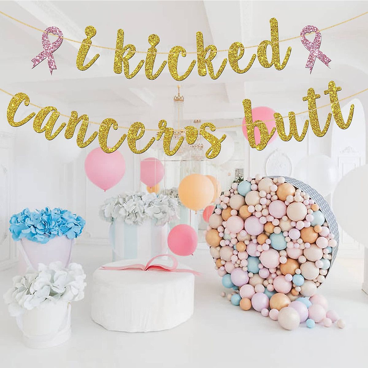 INNORU I Kicked Cancer's Butt Banner, Cancer Surviving Party Decorations, Pink Ribbon Hope, Cancer Theme Party Decoration Gold Glitter