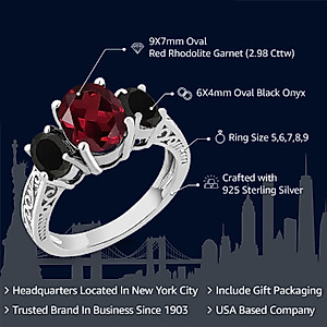 Gem Stone King 925 Sterling Silver Red Rhodolite Garnet and Black Onyx 3 Stone Ring For Women (2.98 Cttw, Gemstone Birthstone, Available In Size 5, 6, 7, 8, 9)