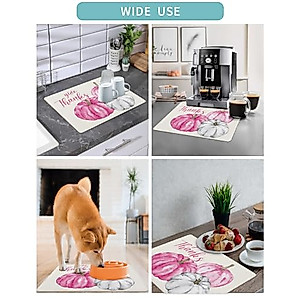 Coffee Mat for Counter, Give Thanks Pink and White Watercolor Pumpkins Absorbent Hide Stain Coffee Bar Mat, Non-slip Coffee Bar Accessories Kitchen Drying Mat Fit Under Coffee Maker Espresso Machine