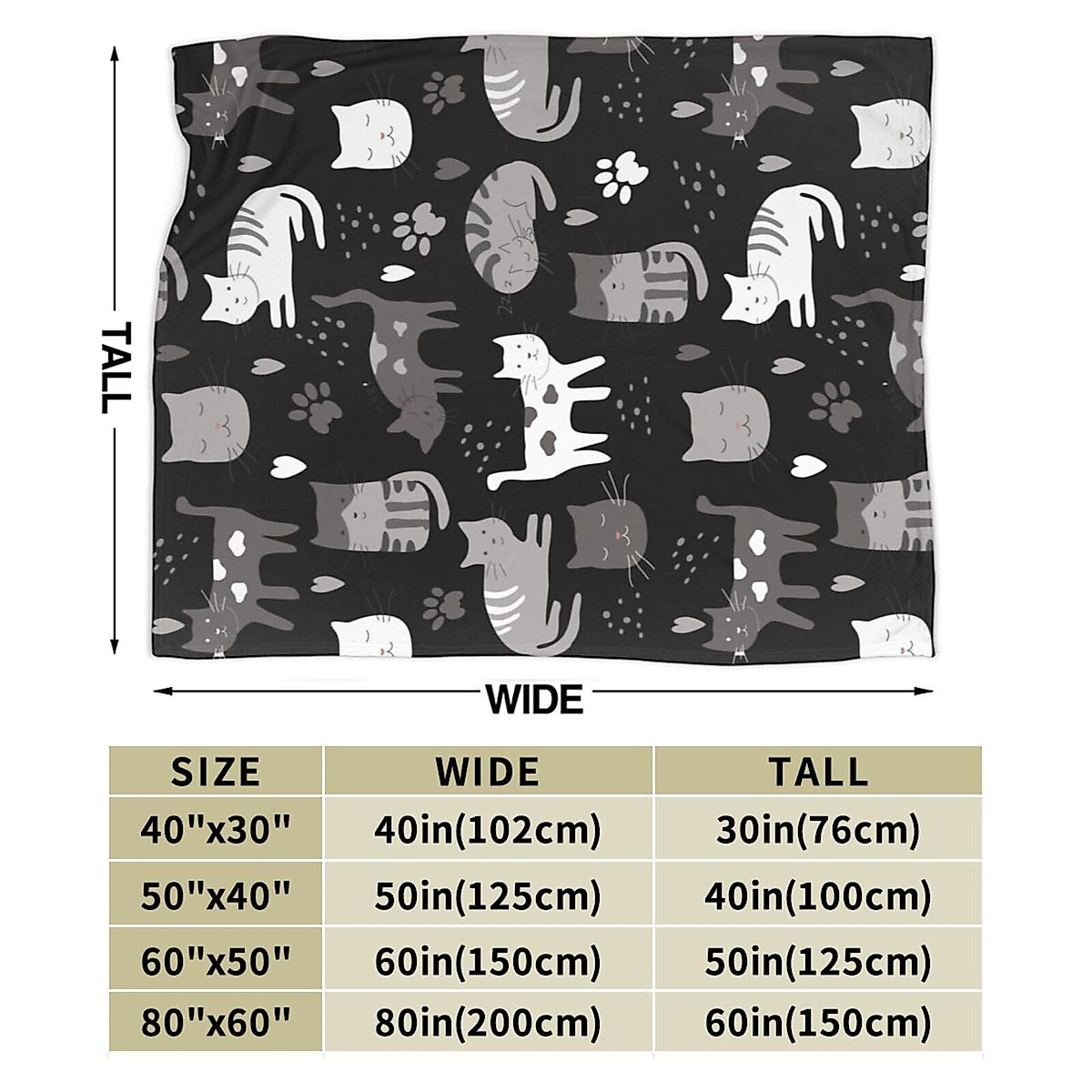 Perinsto Cats Paws Naive Childish (Black) Throw Blanket Ultra Soft Warm All Season Decorative Fleece Blankets for Bed Chair Car Sofa Couch Bedroom 60"X50"