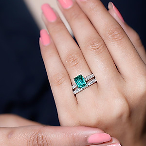 Rosec Jewels Lab Created Emerald Solitaire Ring Set of 2 (6X8 MM Emerald Cut) - Wedding Engagement Ring Set for Women | AAAA Quality, 14K White Gold, Size:US 5.50