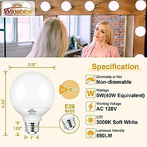 winshine 8 Pack E26 LED Globe Light Bulbs, 3000K Soft White 40W Equivalent 120V Bathroom Light Bulbs, G25 Vanity Light Bulb for Bathroom Makeup Mirror, Bedroom Lights CRI85+, 550LM, Non-dimmable