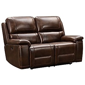 Signature Design by Ashley Wentler Traditional Tufted Leather Power Reclining Loveseat with Adjustable Headrest, Dark Brown