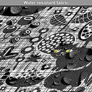 Lunarable Cat Fabric by The Yard, Feline Domestic Animals with Blossoming Monochrome Flowers and Leaves Kitten, Decorative Fabric for Upholstery and Home Accents, 1 Yard, White Black