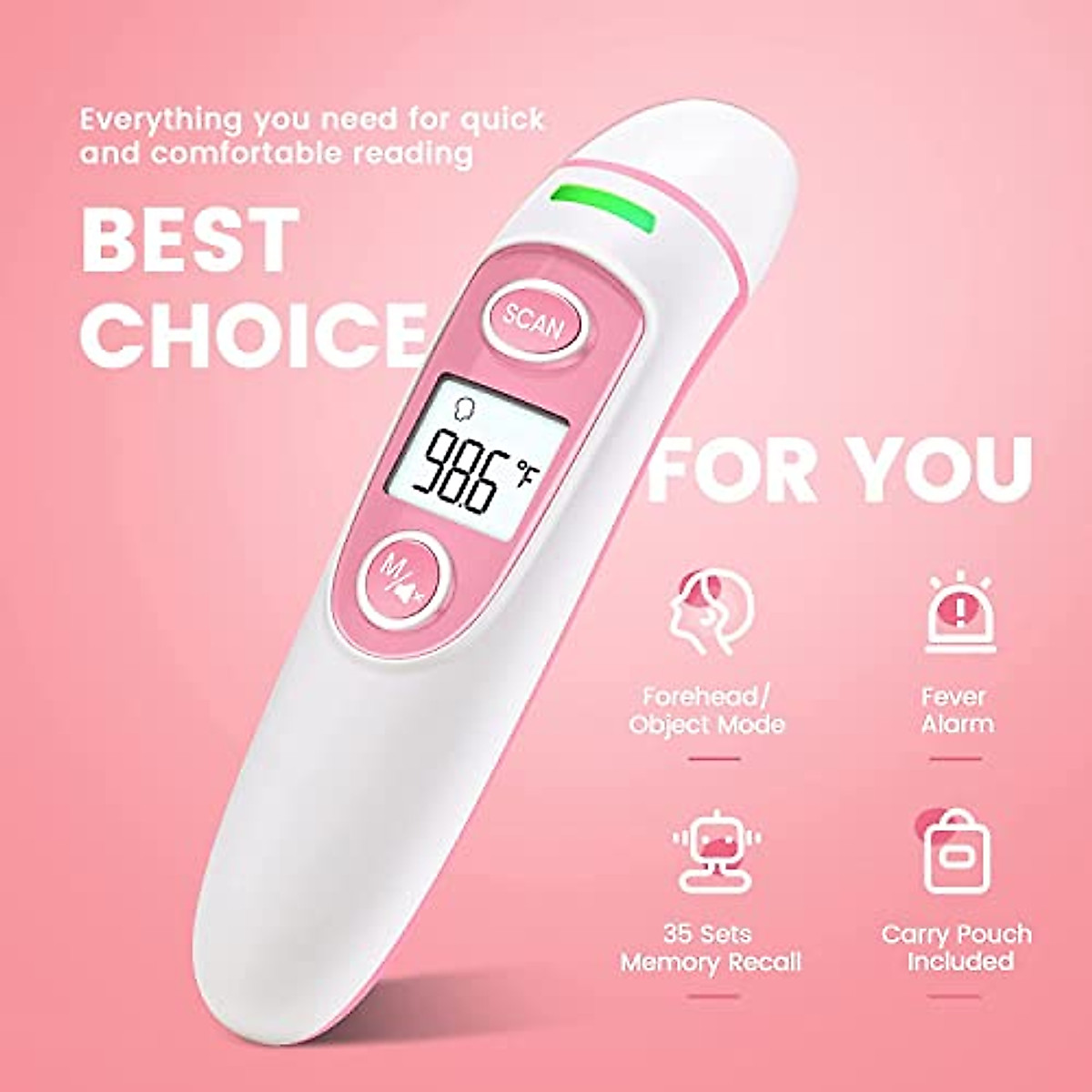 Forehead Thermometer for Adults and Kids, No-Touch Infrared Thermometer for Fever with LCD Display and Memory Function, Ideal for Family Use - Pink