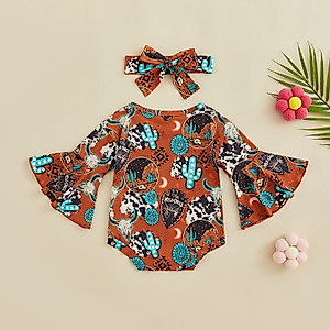 Newborn Baby Girl Romper Flare Long Sleeve Floral Cow Print Bodysuit Jumpsuit with Headband Cute Fall Winter Clothes (Brown, 6-12 Months)