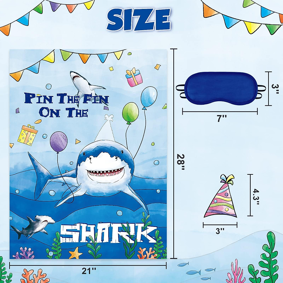 WERNNSAI Pin The Fin on The Shark Party Games - Ocean Party Supplies for Kids Boys Girls 21’’ x 28’’ Shark Game Poster with 24 Pcs Reusable Stickers for Birthday Family Classroom Activities