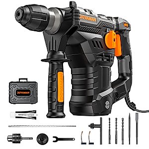DOVAMAN RH15A 1-9/16'' SDS-Plus Rotary Hammer Drill, 4 in 1 Functions, Multi-material Use, Safety Clutch, 6 Speeds, SDS-Plus Adaptor, 4350BPM/900RPM, Vibration Control, Demolition Hammer for Concrete