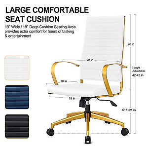 LUXMOD Ergonomic Office Chair, High Back Executive Chair in White Vegan Leather with Gold Accents, Adjustable Desk Chair with Back Support for Home Office(White)
