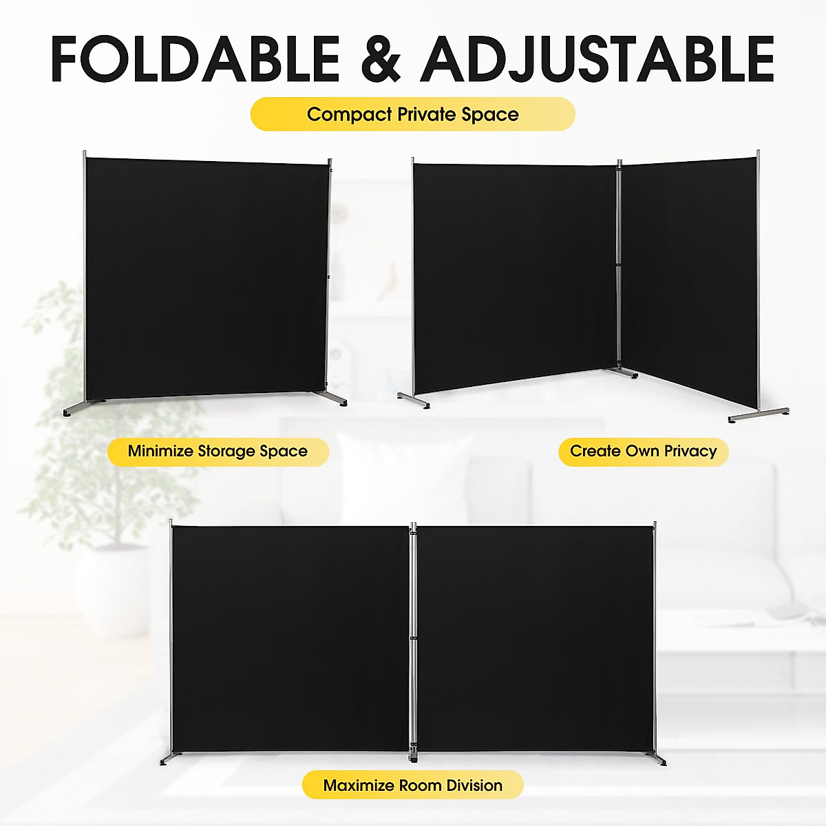 Rantila 2 Large Panels Room Divider,Portable Office Divider,Convenient Movable,Folding Partition Privacy Screen for Bedroom,Dining Room, Study,142" W x 71" H,Black