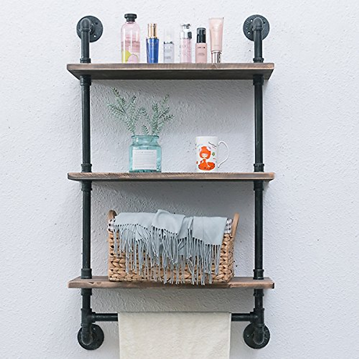 Womio Industrial Pipe Bathroom Shelves Wall Mounted with Towel Bar,19.7in Rustic Wall Decor Farmhouse,3 Tiered Towel Rack Metal Floating Shelves Towel Holder,Wall Shelf Over Toilet