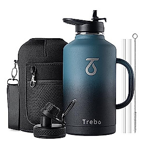 Trebo 64 oz Water Bottle Insulated with Handle, Half Gallon Stainless Steel Metal Large Jug,Travel Flask with Straw Spout Lid,Mug Tumbler Cup with Carry Pouch,Keep Cold Hot, Indigo Black