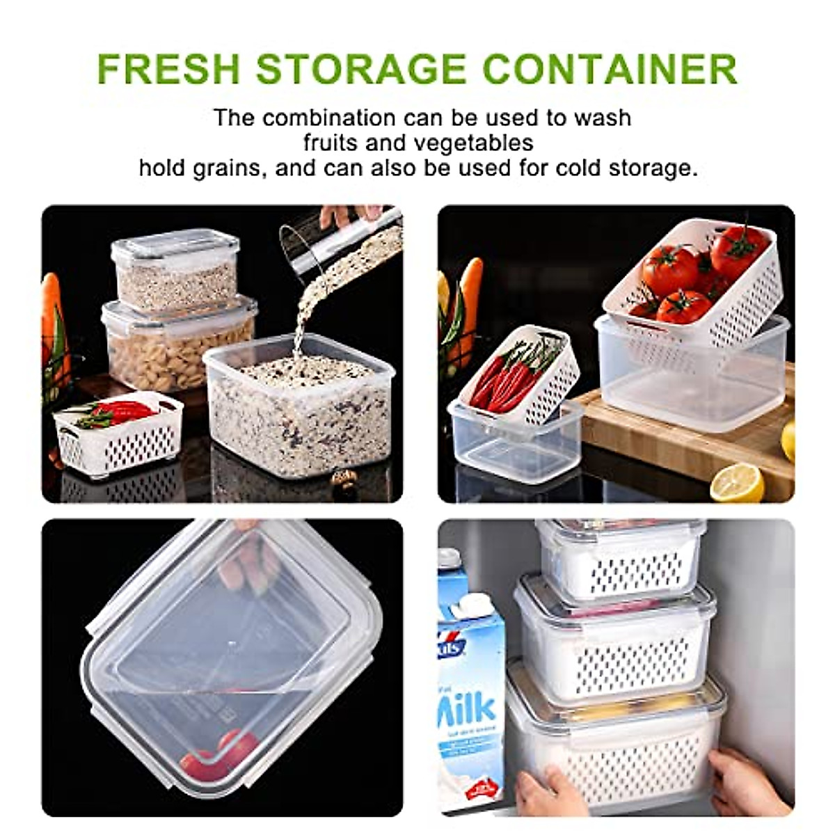6 Pack Produce Saver Storage Containers , 3 fresh-keeping boxes + 3 drain baskets Multifunctional Draining Crisper with Strainers, Keep Vegetables Fresh ,Fresh Vegetable Fruit Storage Containers ,