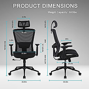 Youhauchair Ergonomic Office Chair, Home Office Desk Chairs with Adjustable Headrest and Lumbar Support, 3D Armrests, Tilt Lock Function, High Back Swivel Mesh Computer Chair