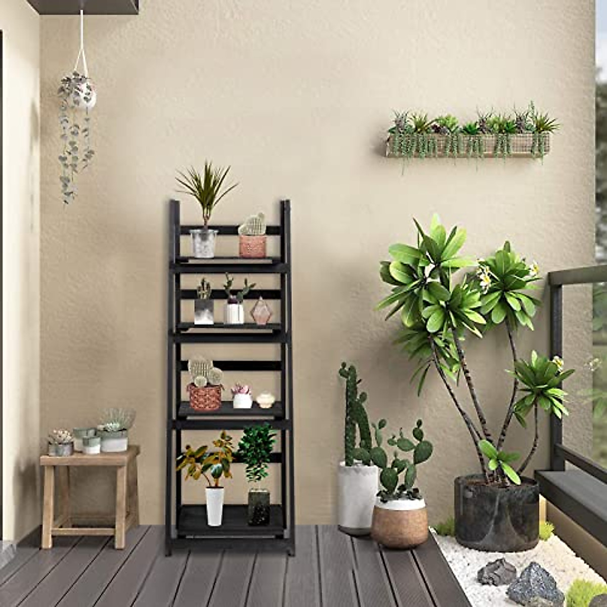 Babion Ladder Shelf, 4-Tier Ladder Bookshelf, Black Bookcase with Shelves, Storage Rack Plant Stand for Home, Bedroom, Bathroom,Office, 16 x 14 x 46 Inch, Industrial Style, Wood Frame