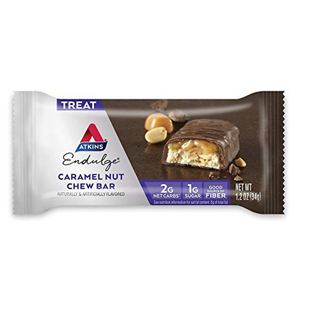 Atkins Endulge Caramel Nut Chew Bar, Dessert Favorite, 1g Sugar, Good Source of Fiber, 5 Count