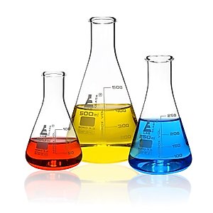 EISCO Premium Erlenmeyer Flask Set - 100ml, 250ml & 500ml Narrow Neck, White Graduations Superior Durability Chemical Resistance Borosilicate 3.3 Glass- Eisco Labs