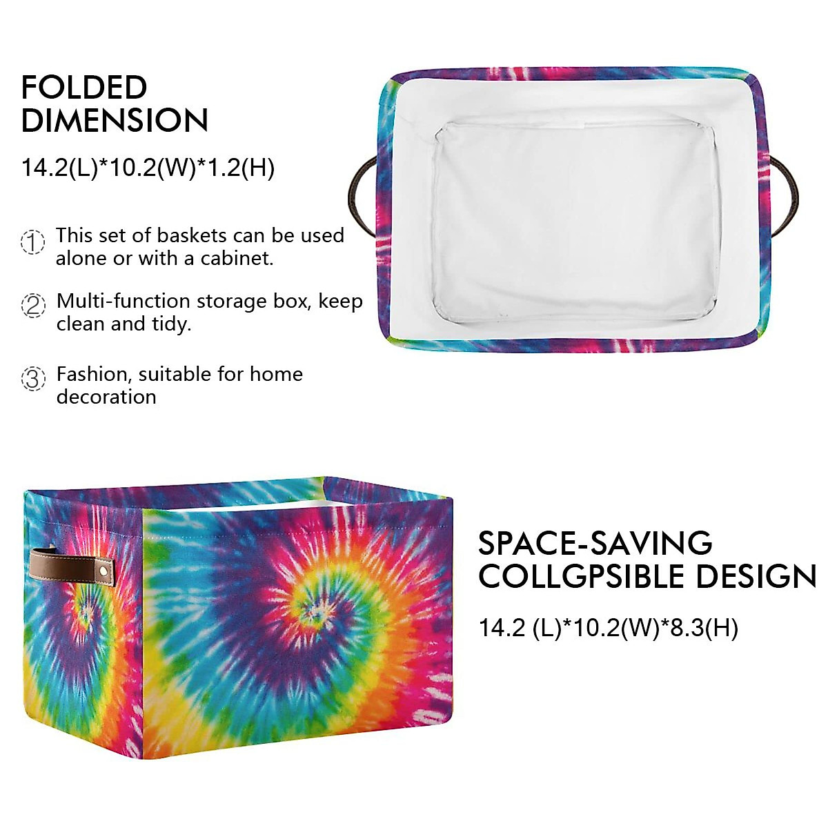 DEHOZO Storage Basket Bins, Abstract Rainbow Swirl Tie Dye Collapsible Storage Cubes Organizer with Handles, Closet Shelves Clothes Storage Box Toys Organizer for Bedroom Living Room, 1pc