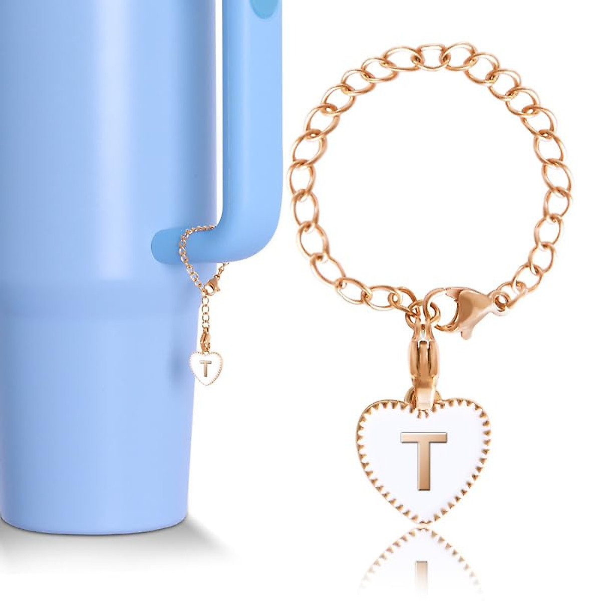OriJoy Letter Charm Accessories for Stanley Cup, Name ID Letter Handle Charm For Stanley/Simple Modern Tumbler, Heart Shape Initial Identification Charms（T）