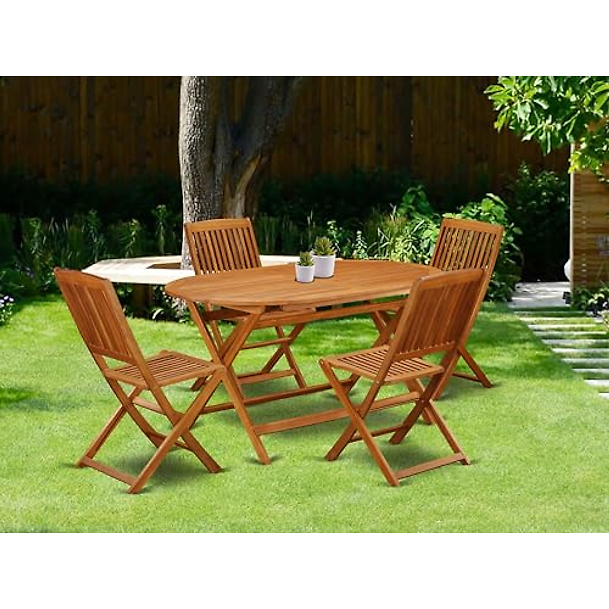 East West Furniture DICM5CWNA Diboll 5 Piece Patio Bistro Dining Furniture Set Includes an Oval Outdoor Acacia Wood Table and 4 Folding Side Chairs, 36x60 Inch, Natural Oil