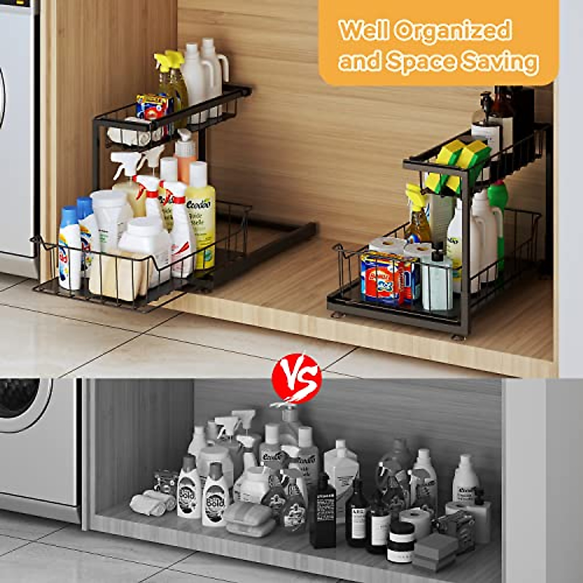 Suppino Under Sink Organizer, 2-Tier Metal Put Out Under Kitchen Sink Organizers and Storage, Sliding Shelf Cabinet Organizer for Kitchen, Bathroom, Desk, etc