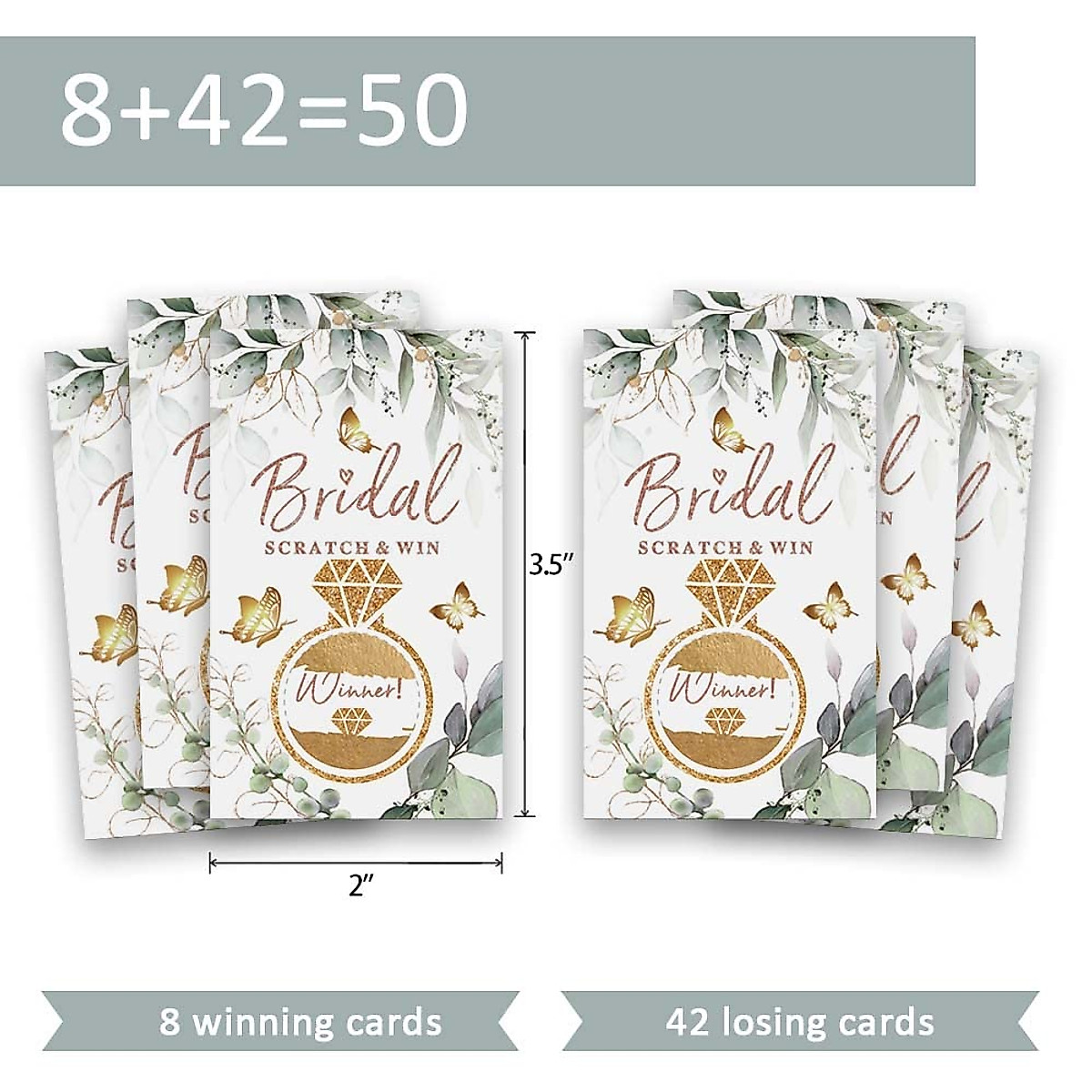 Bridal Shower Scratch Off Card-50 Pack,Eucalyptus Golden Butterfly Green Garden Bride Shower Lottery Game, Activities, and Ideas, Country Wedding, Bridal Lottery Tickets, Wedding Shower Ideas