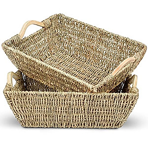 Graciadeco Hand Woven Seagrass Baskets with Wooden Handles Large Natural Shallow Wicker Storage Basket for Organizing Irregular Rectangle, 2 Pack