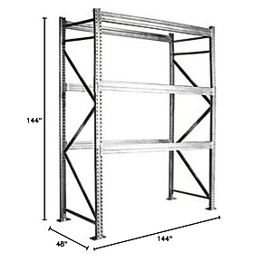 Shelving Inc. 48"d x 144"w x 144"h - 3-Tier Galvanized Teardrop Pallet Rack Starter Unit, No Decking, 6-1/2"h Beams, Weight Capacity 7160lbs Per Level