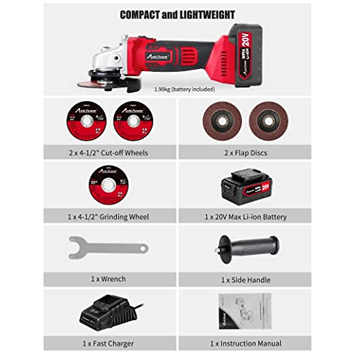 AVID POWER Cordless Angle Grinder with 4-pole Motor, 20V Cordless Grinders Tools w/4.0A Battery & Fast Charger, 4-1/2 Inch Grinding Wheels, Cutting Wheels, Flap Discs and Adjustable Auxiliary Handle