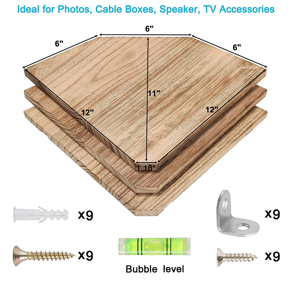 DUICIRX Corner Wall Shelves, Wood Corner Floating Shelves with Cable Raceway for TV Accessories, Monitor, Speaker, Cable Box, Game Console (Carbonized, Diamond- 12 Inch)
