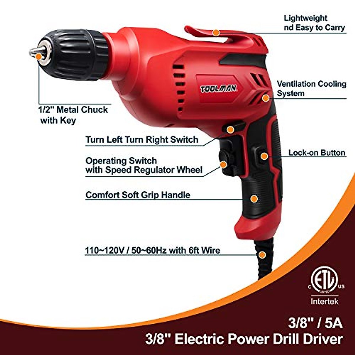 Toolman Electric Power Drill Driver 3/8" Variable Speed For Heavy Duty Corded DB5207