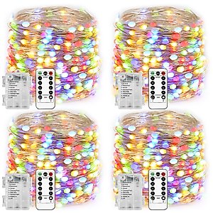 Homemory 4 Pack 20 Ft 60 LED Multicolor Fairy Lights Battery Operated Christmas Lights with Remote, Waterproof 8 Modes Firefly Twinkle String Lights for Party Bedroom Wedding Decorations