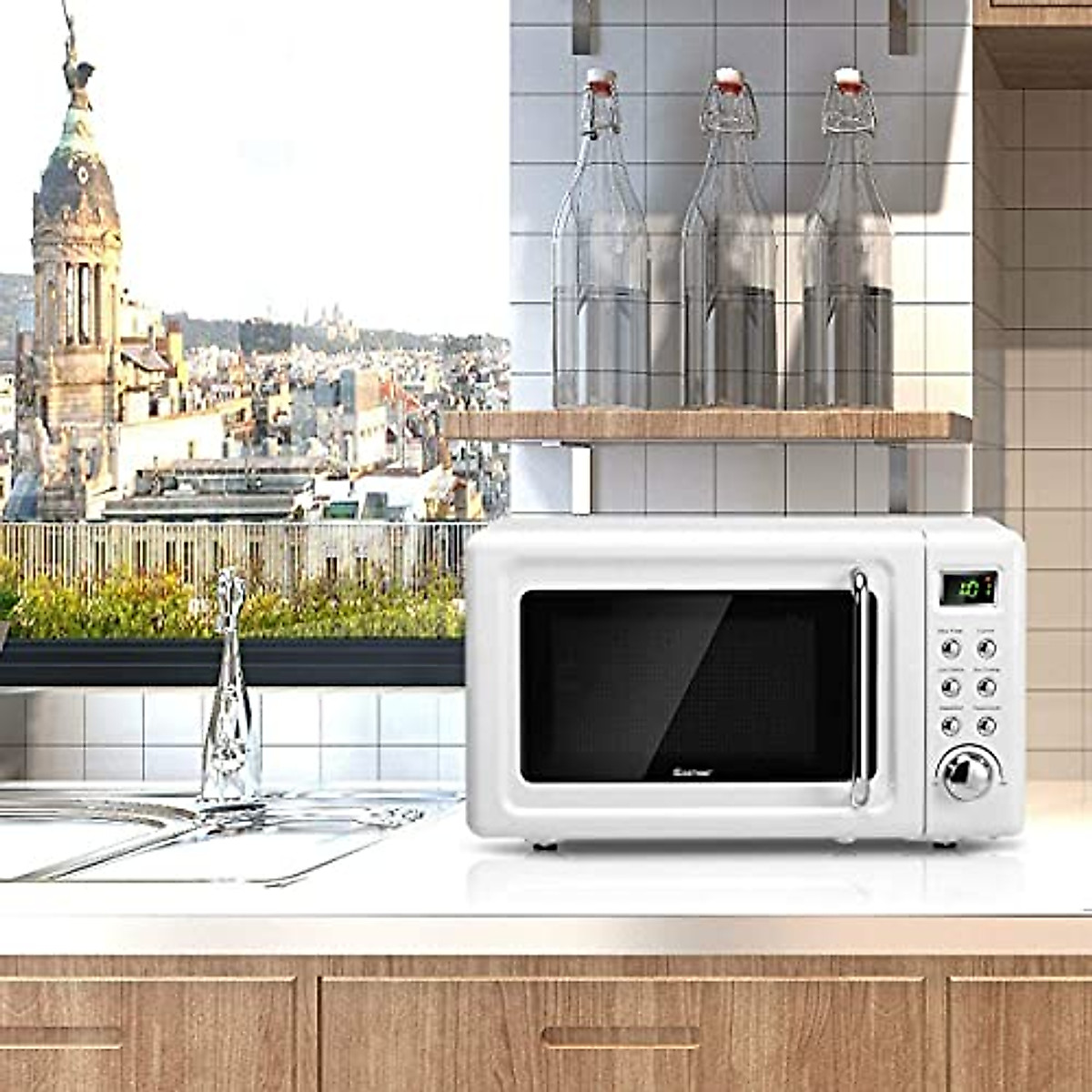 Moccha Compact Retro Microwave Oven, 0.7Cu.ft, 700-Watt Countertop Microwave Ovens w/5 Micro Power, Delayed Start Function, LED Display, Child Lock (White)