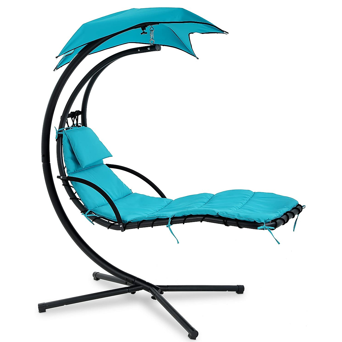 Dkelincs Hanging Lounge Chair, Outdoor Swinging Curved Chaise Lounge Chair with Canopy Umbrella and Pillow for Outside, Large Heavy Duty Egg Chair for Porch Patio Backyard Deck Blue