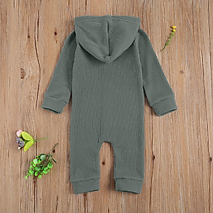 Kuriozud Newborn Unisex Baby Boy Girl Hoodie Romper Solid Long Sleeve One Piece Hooded Jumpsuit Waffle Outfit (Grey, 3-6 Months)