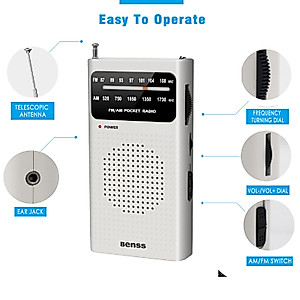 Benss Small Radios Portable AM FM, Transistor radios 2AA Battery Operated with Best Reception, Radio with Speaker & Headphone Jack, Pocket Radio for Indoor, Outdoor and Emergency Use(White)