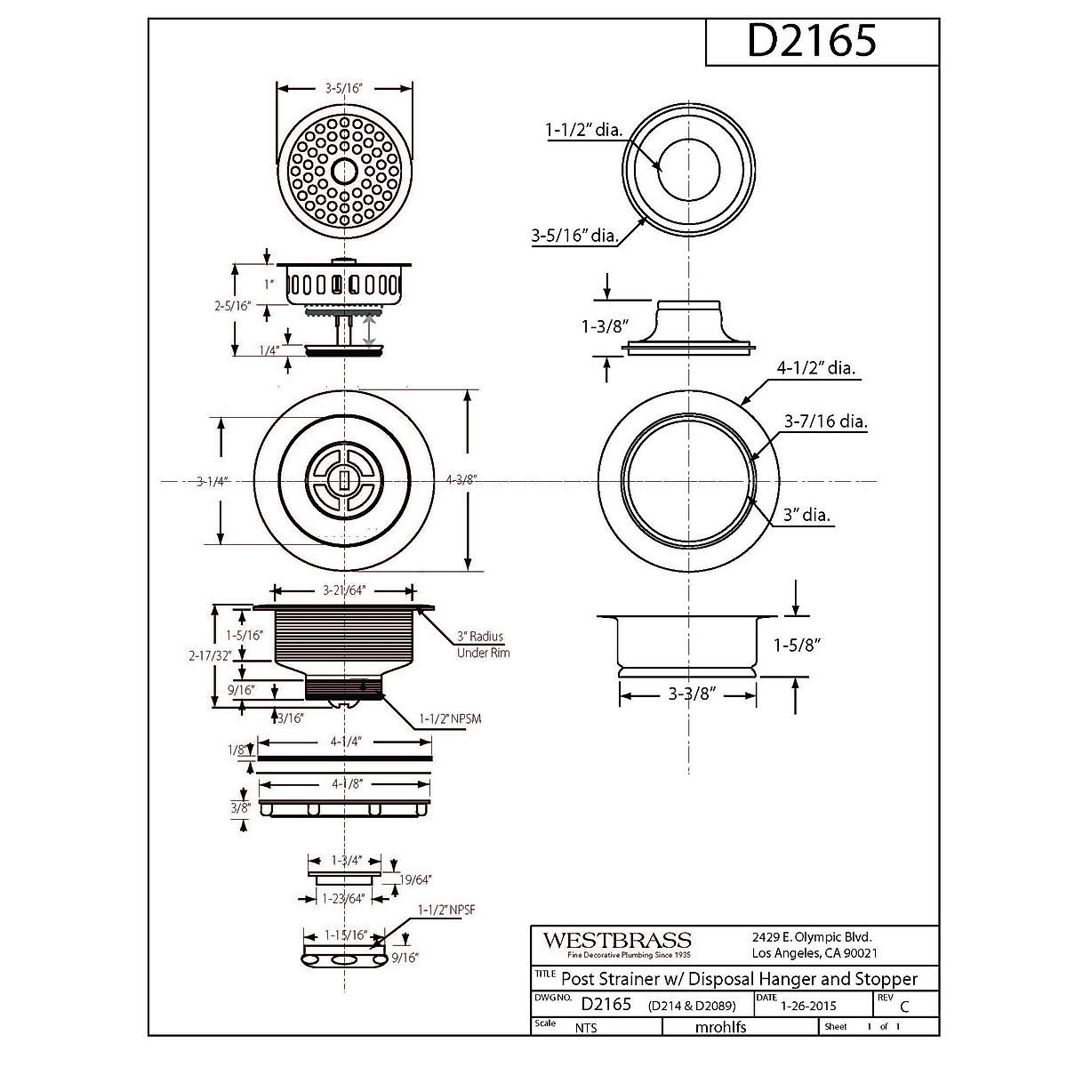 Westbrass D2165-26 Post Style Large Kitchen Basket Strainer with Waste Disposal Flange and Stopper, Polished Chrome