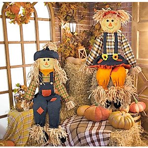 Large Thanksgiving Sitting Scarecrow Decor, Set of 2 50" Boy Girl Sitting Couple Scarecrows Deluxe Holiday Indoor Outdoor Fall Decoration for Autumn Harvest Home Porch Yard Garden Fireplace Mantle