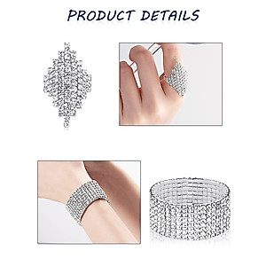 Women Rhinestone Stretch Bracelet Bangle Crystal Rhinestone Necklace Ring Dangle Fringe Earrings (Silver)