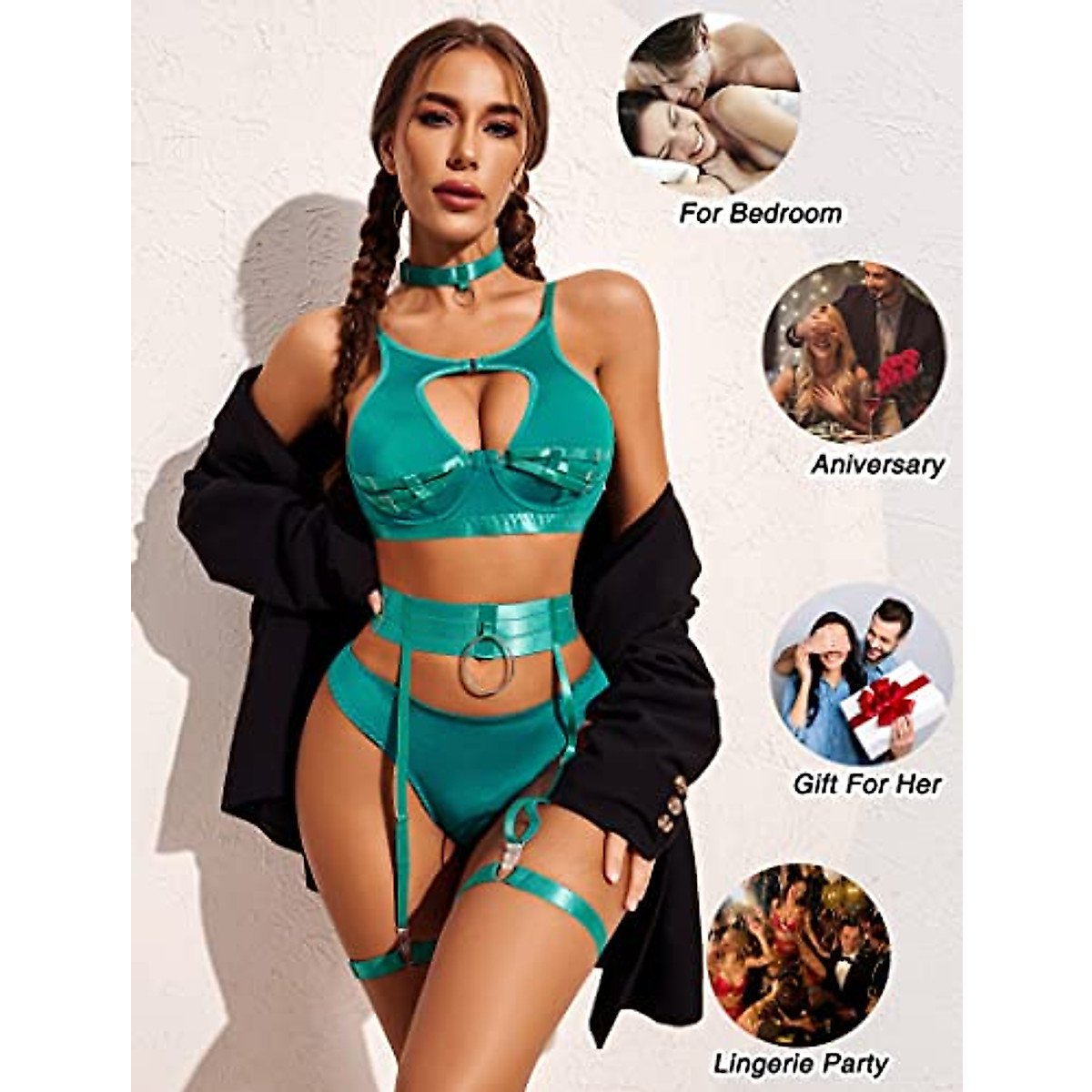 Avidlove Garter Lingerie Set for Women Sexy Push Up Lingerie Set 5 Piece Bondaged Lingerie Set Strappy Lingerie Set Blue Green