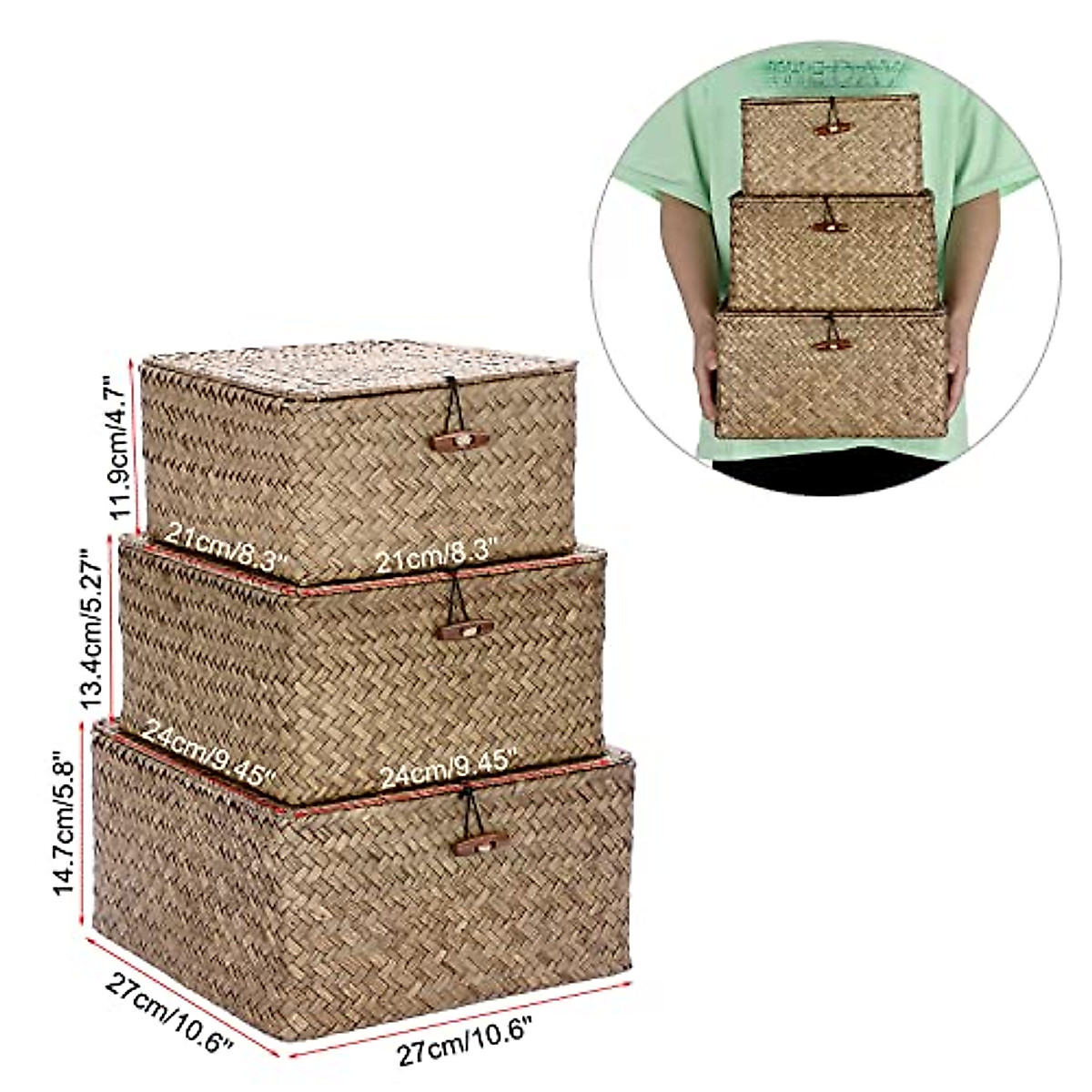 Hipiwe Wicker Shelf Baskets Bins with Lid Handwoven Storage Baskets Boxes Natural Seagrass Basket Box Home Decorative Household Organizer Bins Boxes for Shelf Organizing,Set of 3
