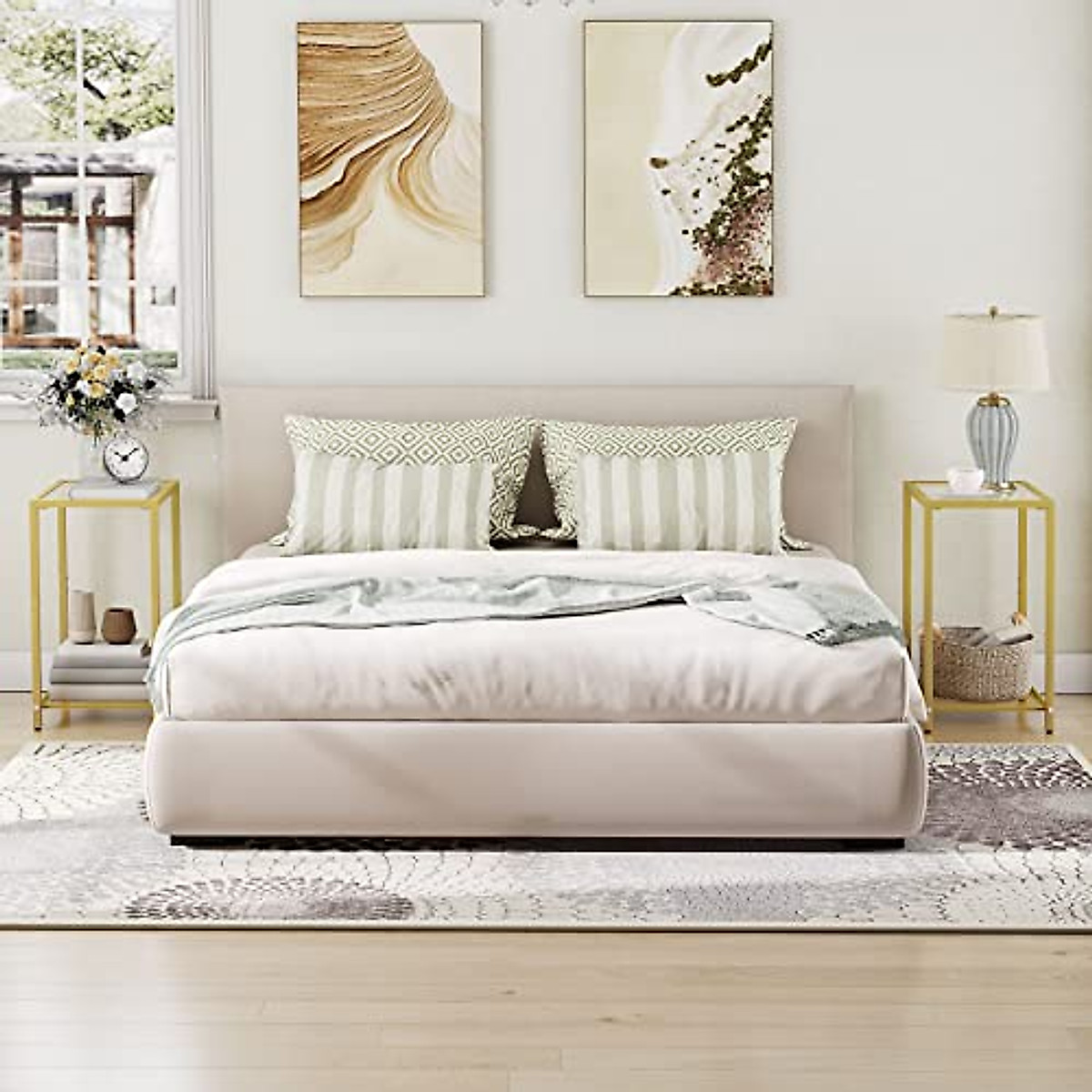 HOOBRO Set of 2 Side Tables, 2-Tier End Table, Nightstands for Tight Spaces, Tempered Glass Bedside Tables, Modern Metal Frame, for Office, Bedroom, Living Room, Study, Gold GD76BZP201