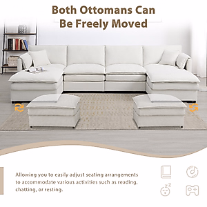 Modern 6-Seat Chenille Modular Sectional Sofa for Living Room, U-Shaped Cloud Couch Set with Double Cushions,Ottomans Cream