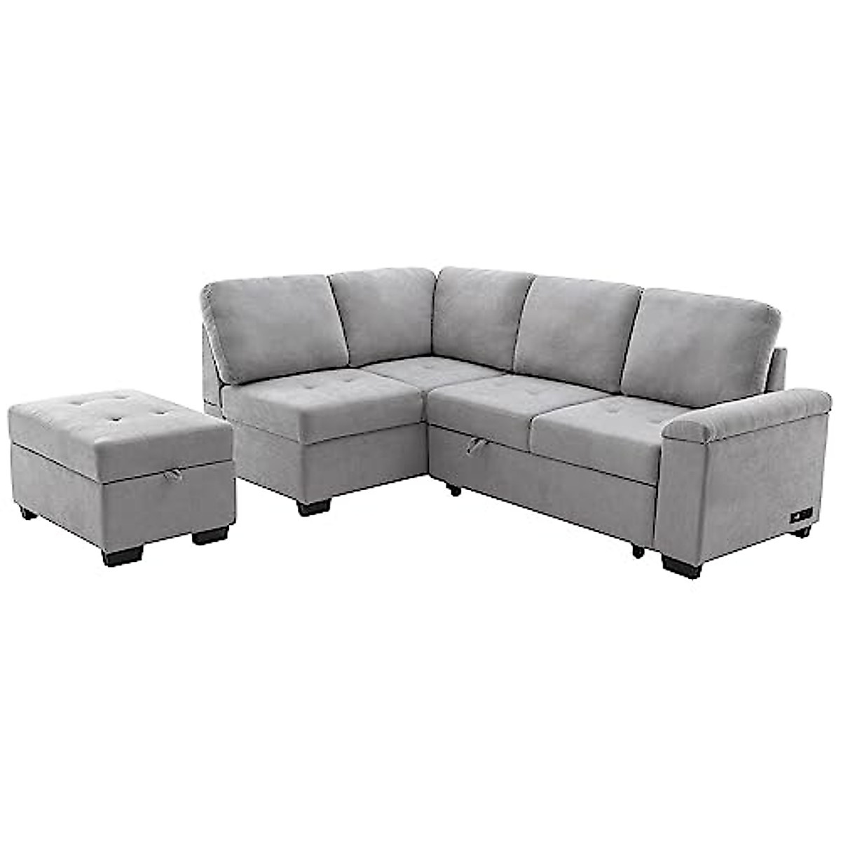 Merax, L-Shape Corner Couch Sofa-Bed with Storage Ottoman & Hidden Arm Storage & USB Charge for Living Room Apartment, Light Gray