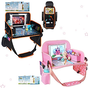 MENZOKE Black & Pink Kids Travel Tray Bundle, Toddler Tray with Dry Erase Board Car Lap Desk Table with iPad Holder, Storage Pocket, Kids Active Eating Tray for Road Trip, Airplane